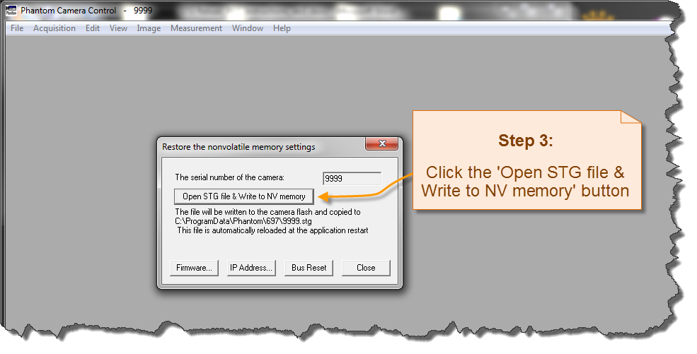 How to reload the camera's backup settings (STG) file