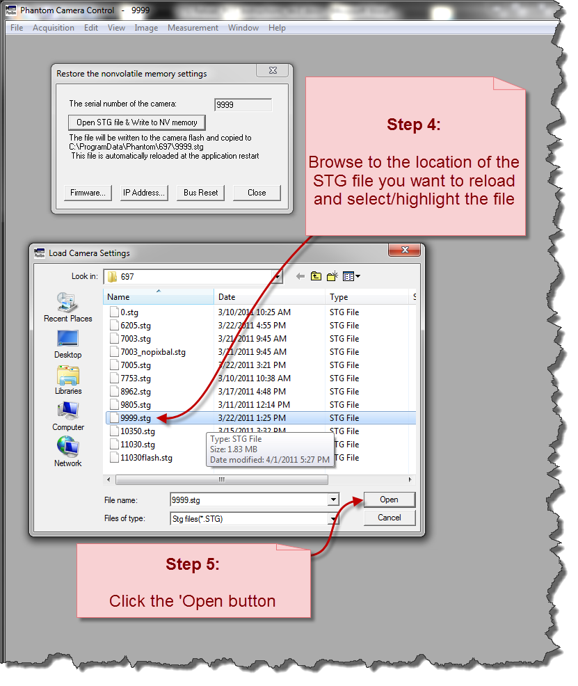 How to reload the camera's backup settings (STG) file