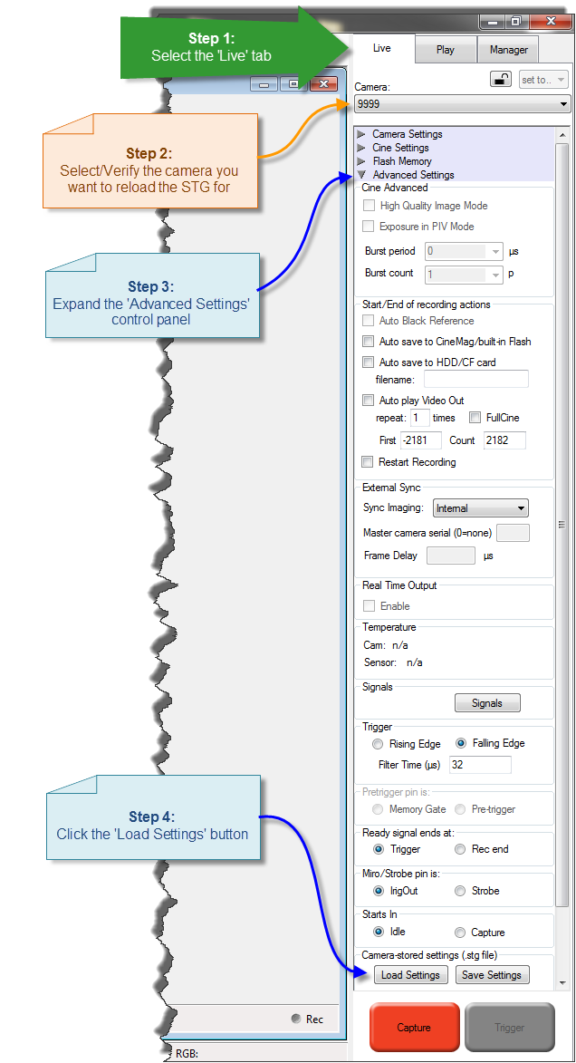 How to reload the camera's backup settings (STG) file