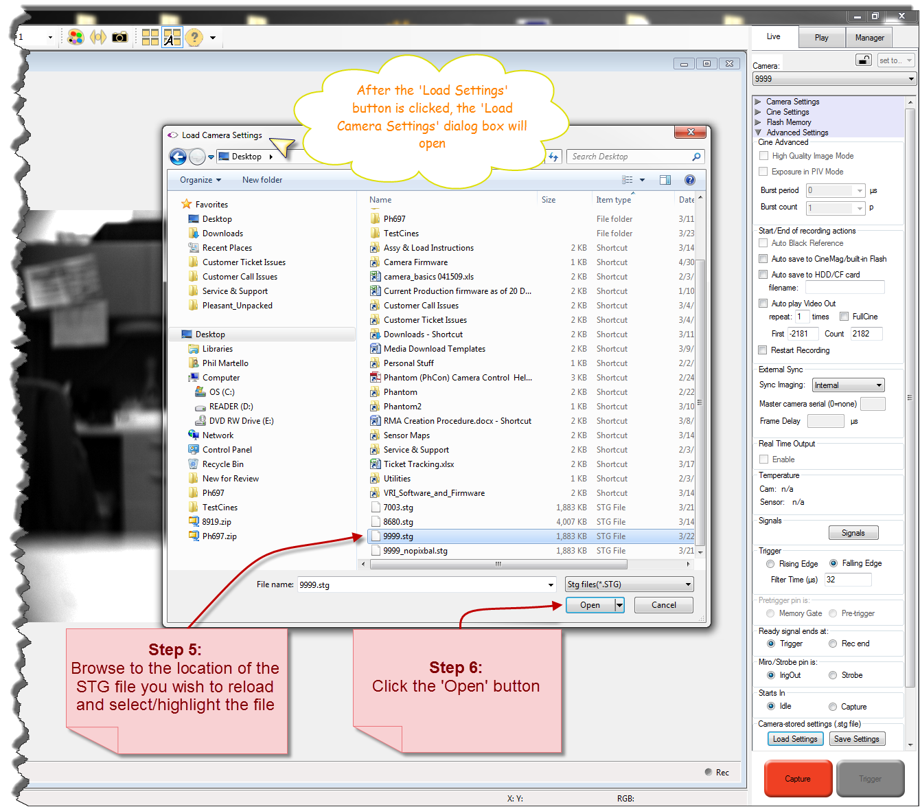 How to reload the camera's backup settings (STG) file